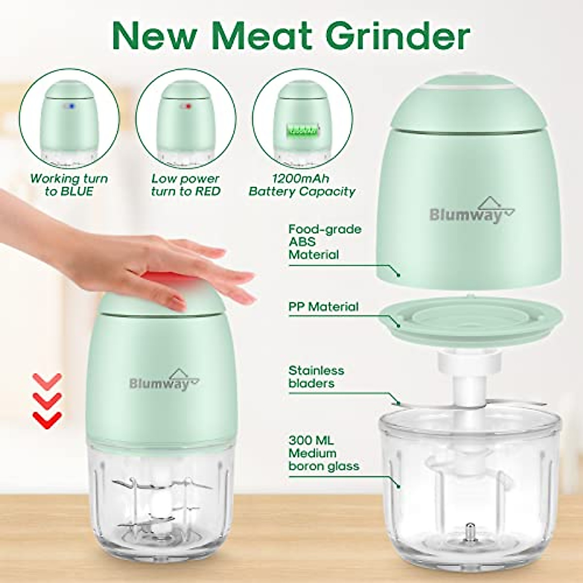 300ML Electric Mini Food Processor, 60W Cordless Food Press Garlic Chopper, Mini Blender For Garlic,Vegetable,Fruit,Onions,Chili,Meat,Salad,Baby Food, Glass Container (Green)