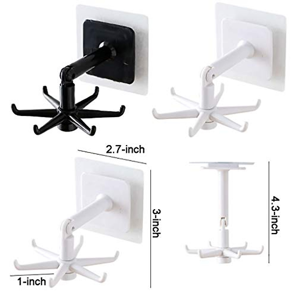 Goeielewe 2PCS Kitchen Utensil Holder Hooks Heavy Duty, Plastic Self-Adhesive Hooks 360 ° Rotatable Folding Wall Hangers Racks with 6 Hooks for Kitchen, Bathroom, Office (Black)