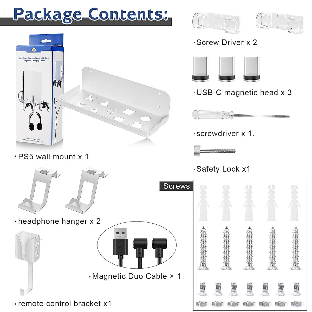 ROCHIE PS5 Wall Mount Bracket PS5 Wall Stand with 2-in-1 Magnetic Charging Cable for Playstation 5 Disc/Digital Edition, with Detachable Controller Holder & Headphone Hanger White