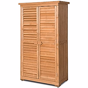 GRAFFY Outdoor Wooden Storage Shed, Garden Tools Cabinet with Shutter Design, Wooden Storage Cabinet with Tilted Asphalt Roof, for Garden, Yard, Patio