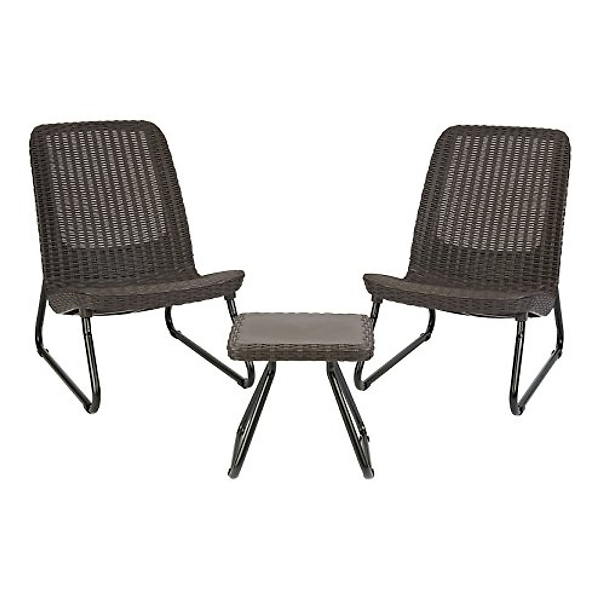Keter Rio 3 Piece Resin Wicker Patio Furniture Set with Side Table and Outdoor Chairs, Brown & DC America UBP18181-BR 18-Inch Cast Stone Umbrella Base, Bronze Powder Coated Finish