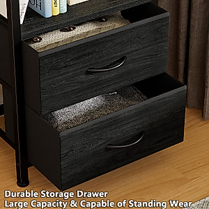 Furnulem 4-Tier Corner Shelf, Bookshelf with 2 Storage Drawers, 57.28”Tall Narrow Bookcase, Standing Shelf Organizer Unit for Living Room, Bedroom, Metal Frame, Wood Display Shelf