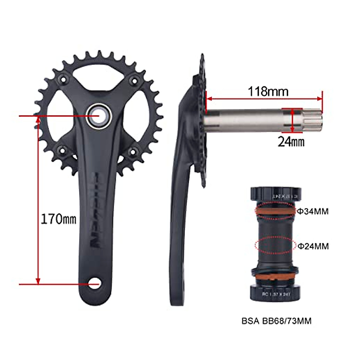 VIARON 170mm Bike Crankset 32T/34T/36T Hollow Integrated 104BCD Single Speed Round Chainring Crankset with Bottom Bracket (34T)