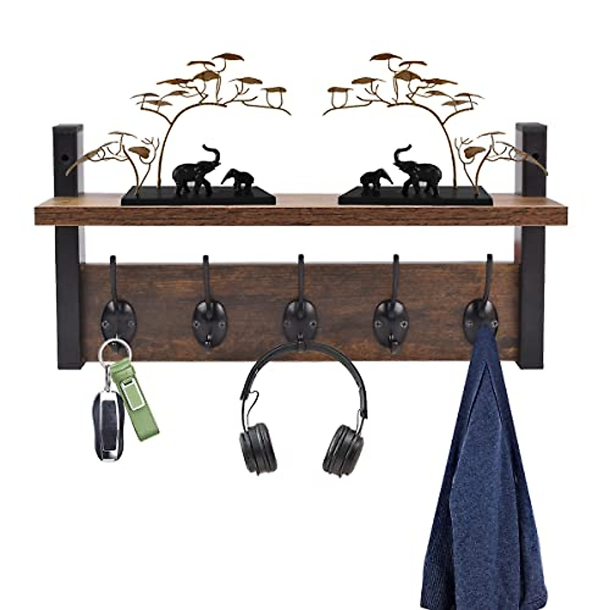 Dilyvoli Coat Hooks with Shelf Wall Mounted,Rustic Wood Entryway Shelf with 5 Metal Hooks,Hanging Shelf Mounted Coat Rack and Upper Shelf for Storage,Bathroom,Bedroom,Kitchen,Living Room,Mudroom