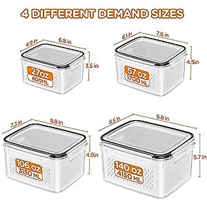 4-Pack Fruit Storage Containers for Fridge with Removable Colanders, 4 in 1 Produce Storage Containers for Refrigerator, Food Storage Container with Lid for Salad Berry Lettuce Vegetables Meat Keeper