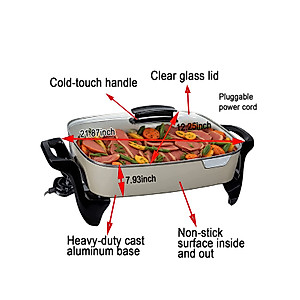 Electric Skillet Nonstick with Lids - 16" inch Extra Large Frying Pan,Ceramic, Adjustable temperature, Cool Touch Handles, Nozaya