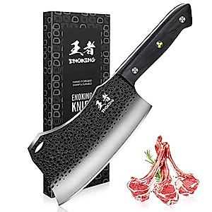 Cleaver Knife, ENOKING Meat Cleaver Hand Forged Serbian Chefs Knife German High Carbon Stainless Steel Butcher Knife for Meat Cutting with Full Tang and Gift Box, Chinese Cleaver for Kitchen & Outdoor