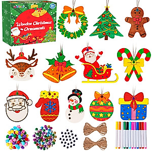 MGparty 60Pcs DIY Wood Slices, Wooden Christmas Ornaments Bulk for Crafts, Unfinished Paintable Wooden Hanging Decorations, Wood Kit for Crafts with 12 Coloured Pens and 60 Jingle Bells