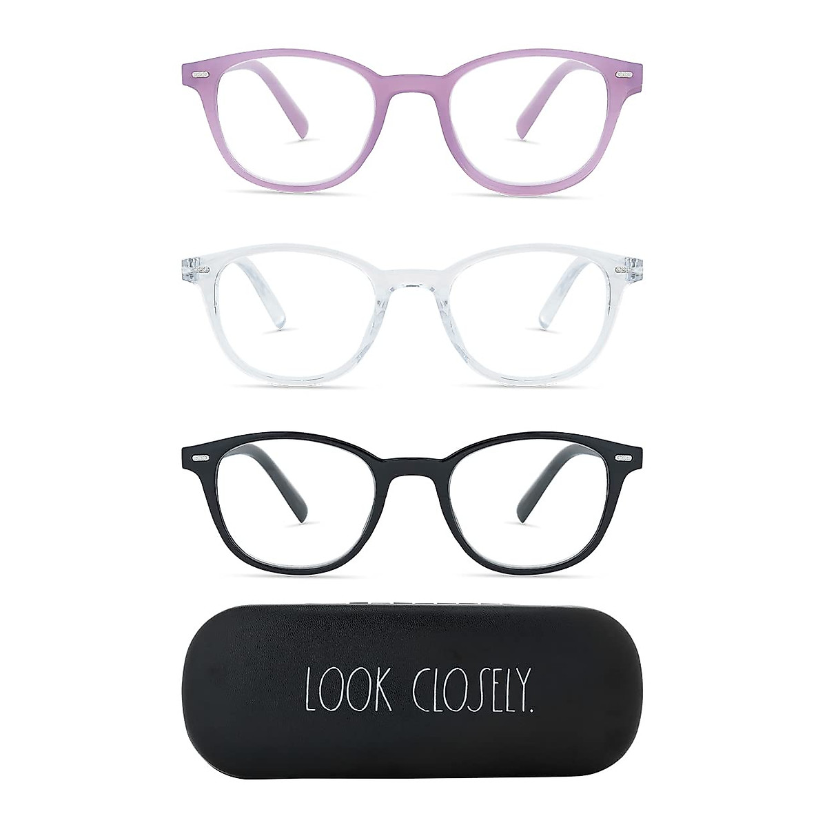 Rae Dunn "ELIZA Premium Reading Glasses - 3 Pack w/LOOK CLOSELY Signature Font Hard Case (GLossy Jet Black/Milky Lavender/Crystal Clear, 2.5, multiplier_x)