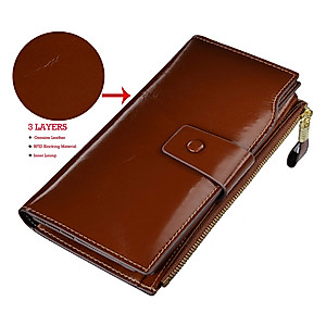 woogwin Women's RFID Large Capacity Luxury Genuine Leather Clutch Wallet Ladies Purse (Wax Coffee)