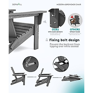 SERWALL Modern Folding Adirondack Chair，Oversized Folding Adirondack Chair with Curved Backrest, HDPE Outdoor Adirondack Chair, Gray