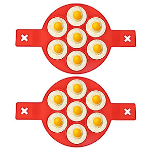 Oumefar 2PCS Pancake Molds Red Silicone Frying Egg Tray with 7 Round Shape Holes Egg Maker Nonstick Cooking Tool for Pancake Sandwich Breakfast