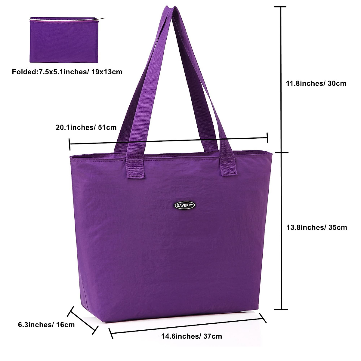 SAVERRY Foldable Zipper Closure Large Tote Bag Nylon Water Resistant Shopping Travel Gym Toy Bag Sandproof Beach Bag