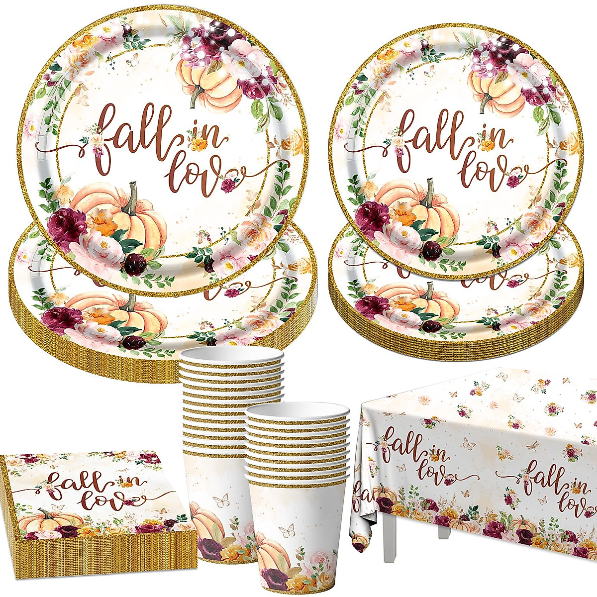 Fall in Love Bridal Shower Decorations,Fall Floral Pumpkin Disposable Tableware Set Includes Fall Dinner Plate,Tablecloths,Cup for Bridal Shower,Anniversary,Wedding Decorations