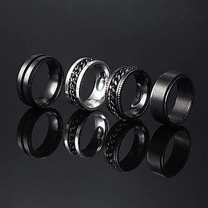 SAILIMUE 6 Pcs 6/8 MM Black Spinner Rings for Men Women Stainless Steel Fidget Ring Anxiety Stress Relieving Cool Chain Fashion Ring Set Wedding Promise Band Rings Size 08