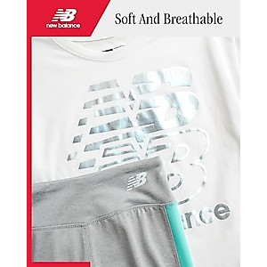 New Balance Girls' Legging Set - 4 Piece Short Sleeve T-Shirt and Leggings Set (7-16), Size 10-12, Surf/White/Grey