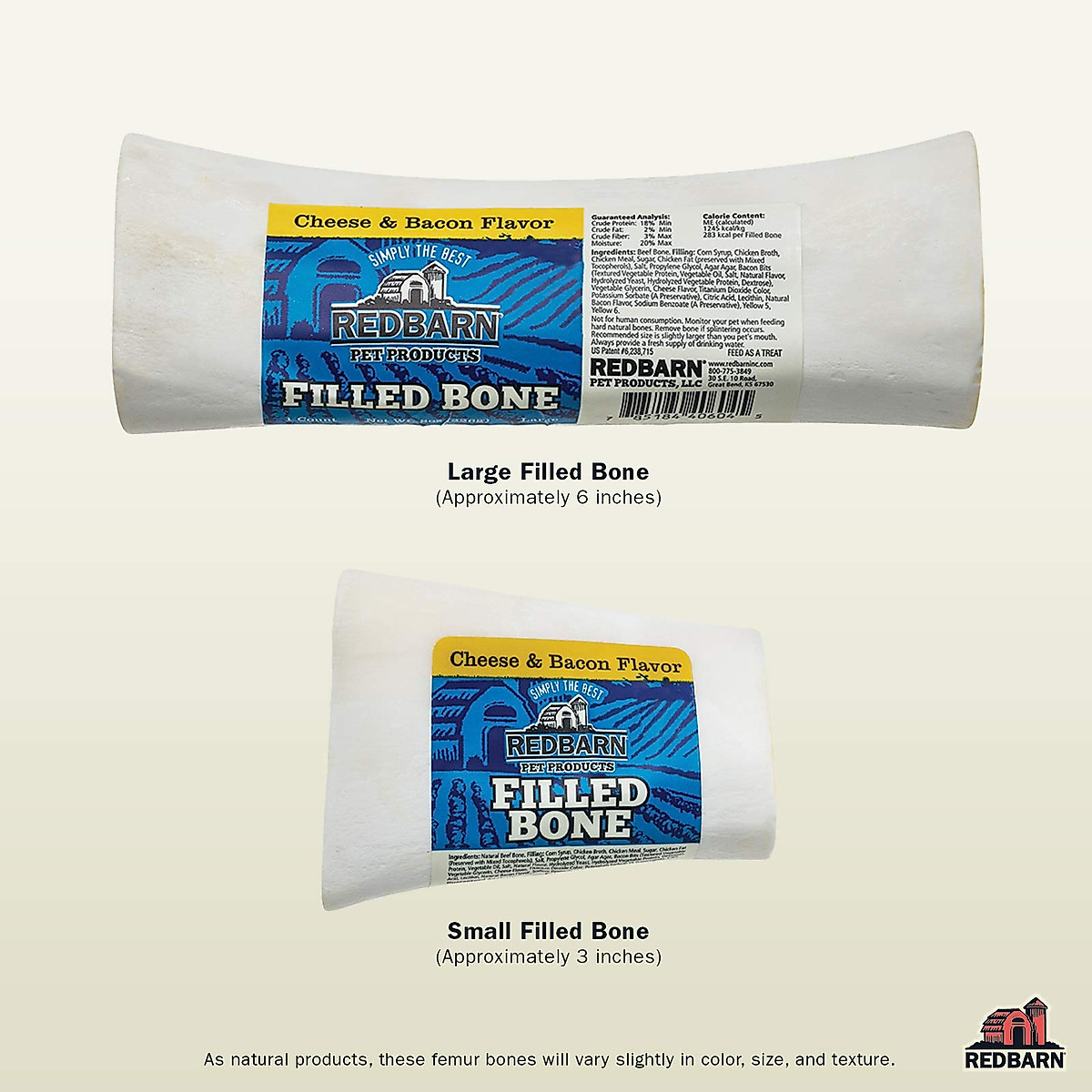 Redbarn Filled Dog Bones | Natural Long-Lasting Dental Treats; Suitable for Aggressive Chewers | Large (6") - 5 Bones (Cheese N' Bacon)