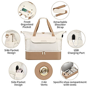 Weekender Bag for Women,Extra Large Travel Duffle Bag with Shoe Compartment &Wet Pocket, Large Overnight Sports Gym Bag with USB Charging Port and Toiletry Bag,Carry on Tote Yoga Bag for Airline,beige