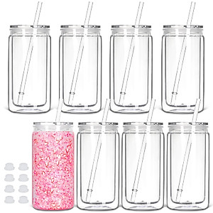 Tswofia 8 Pack plastic Snow Globe Tumbler, 16 Oz Double Wall Plastic Can with Lid and Straw, Plastic Mason Jar Mug for Snow Globe Glitter DIY Gift (Clear)