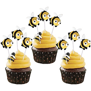 24 PCS Bumble Bee Cupcake Toppers Little Figurine Bee Cupcake Picks Oh Babee Cake Decorations for Bee Theme Baby Shower Kids Boys Girls Birthday Party Decoration Supplies