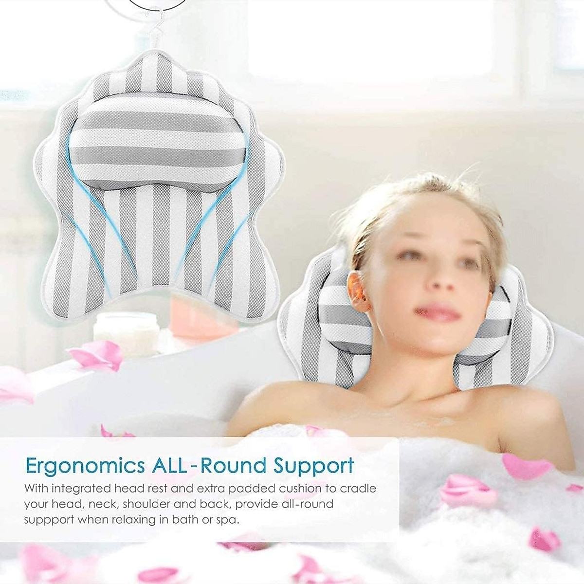 Bath Pillow, Bathtub Pillow Bath Pillow Bathtub Pillow, for Neck and Shoulder Spa Bathroom Accessories Bath Pillow 3D Air Mesh Comfortable Soft Bath Cushion with 6 Suction Cups for Tub Bath Cushion