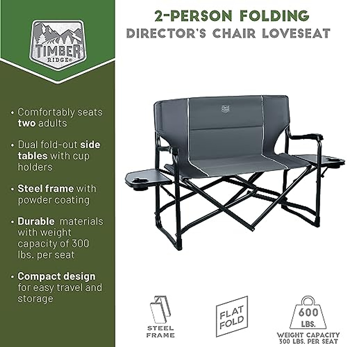 TIMBER RIDGE Oversized Double Folding Camping Side Tables 2 Person Lawn Chair, Heavy Duty Support 600 LBS for Outdoor, Grey