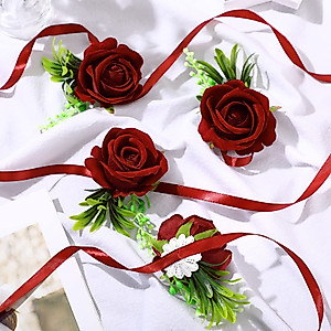 4 Pcs Corsage Wristlet for Wedding Rose Wrist with Ribbon Girl Bridesmaid Wrist Bridal Wrist Flower Corsage Hand Flower Decor for Wedding Ceremony Prom Dinner Anniversary (Burgundy, Wrist Corsage)