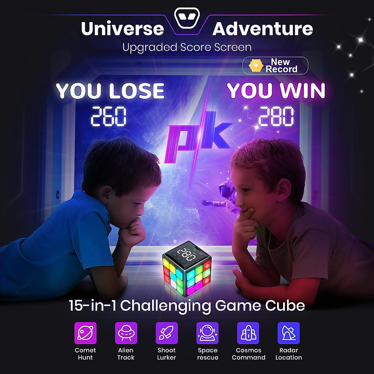 Rechargeable Game Handheld Cube, 15 Fun Brain & Memory Game with Score Screen, Cool Toys for Kids, Christmas Birthday Gifts for Boys Girls Aged 6-12+ Years Old, Toy Gift Idea for Kids（Black）