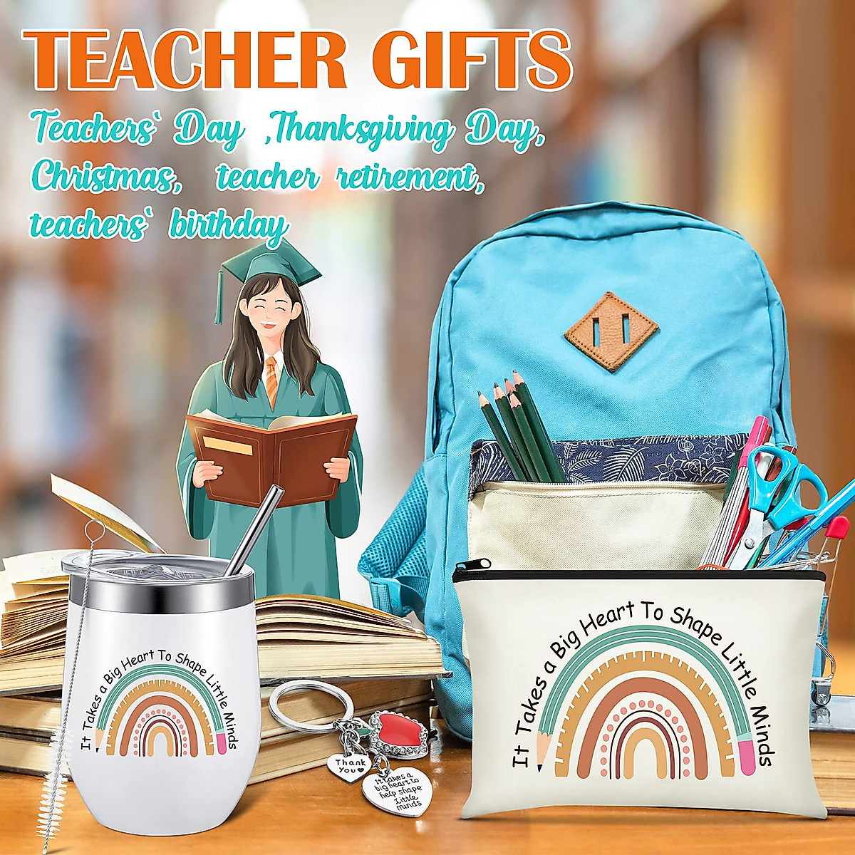 SEEWEY 3 Pieces Back to School Teacher Gifts Teacher Appreciation Gifts 12 oz Teacher Wine Stainless Steel Tumbler Makeup Bag Keychain Insulated Coffee Tumbler Canvas Cosmetic Bags Thank You Gifts