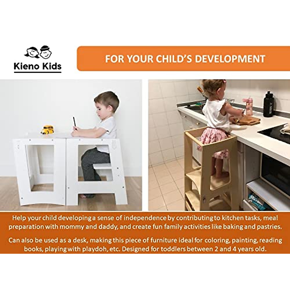 Learning Toddler Desk & Toddler Tower - Foldable 2 in 1 Kitchen Stool & Desk for Toddlers. Convenient Toddler Standing Tower, Converts Into a Toddler Table / Desk for Toddler (Natural Wood)