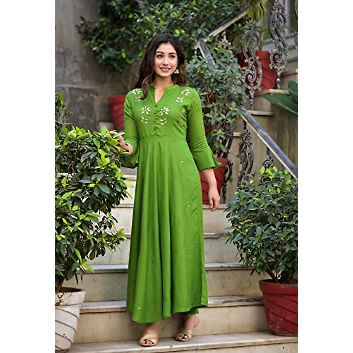 FIDOZA Women's Rayon Printed Anarkali Embroidery Kurti Dress | Pakistani Style Rayon Embroidery Kurti For Women | Ready to wear (Olive Green, M)