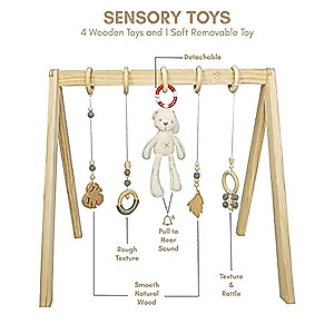 ECOADE Wooden Play Gym - Activity Gym for Baby with 4 Hanging Wooden Baby Toys and 1 Bunny Rattle, Gender Neutral Boho Nursery Decor, Minimalist Baby Nursery