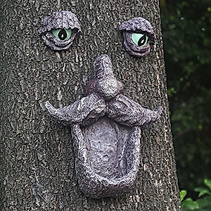Tree Faces Decor Outdoor, Old Man Wild Bird Feeder Tree Hugger Statues in The Dark Eyes Garden Decor Yard Art