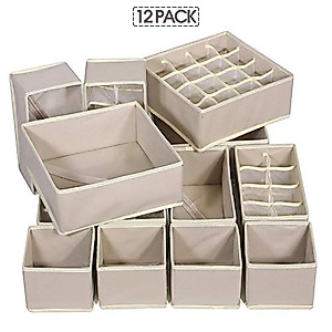 TENABORT 12 Pack Foldable Drawer Organizer Dividers Cloth Storage Box Closet Dresser Organizer Cube Fabric Containers Basket Bins for Underwear Bras Socks Panties Lingeries Nursery Baby Clothes Beige