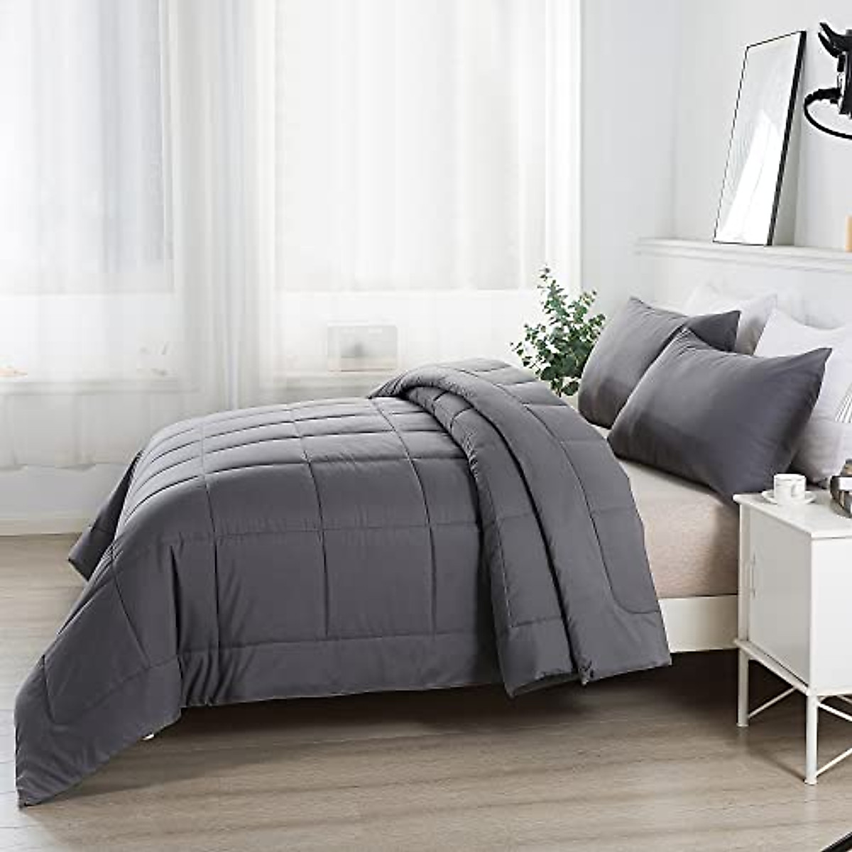 DOWNCOOL King Size Comforter Set -All Season Bedding Comforters Sets with 2 Pillow Cases -3 Pieces Bed Set Down Alternative King Bedding Set -Grey King Comforter Set(102"x90")