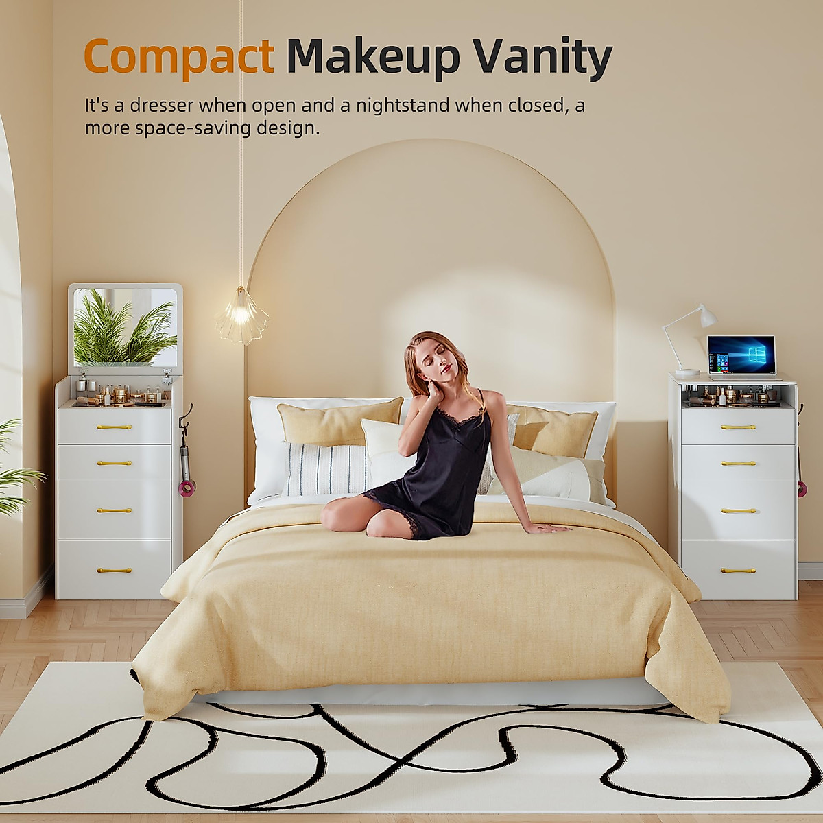 Gurexl 3 in 1 Vanity Desk with Plip Top Mirror,Small Make Up Vanity Set with Visible Glass Desktop,Compact Makeup Vanity with 3 Drawers,Cushioned Tool,Dressing Table for Bedroom