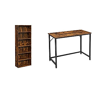 VASAGLE Bookshelf, 6-Tier Open Bookcase, Floor Standing Unit, Rustic Brown ULBC166X01 & 39-Inch Computer Writing Desk, Home Office Small Study Workstation, 39.4, Rustic Brown + Black