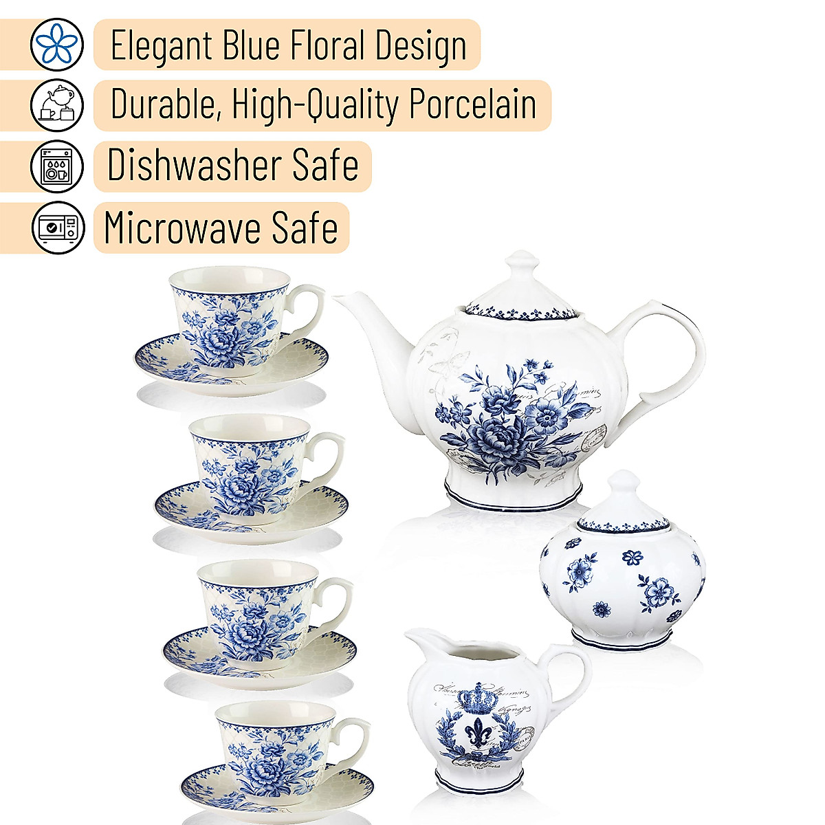 BTaT- Blue Dream Tea Set, Tea cups (8oz), Tea Pot (48oz), Creamer and Sugar Set, Gift box, China Tea Set, Tea Service, Tea Cups and Saucer Set, Tea Set for Adults, Porcelain Tea Set