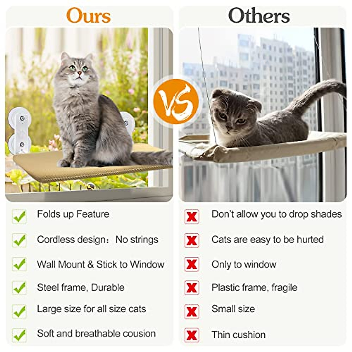 Foldable Cat Window Perch, Cordless Cat Window Hammock with 4 Strong Suction Cups, Window Cat Beds for Indoor Cats Inside, Large Cats Window Seat Windowsill Safety with Sturdy Metal Frame Soft Cover
