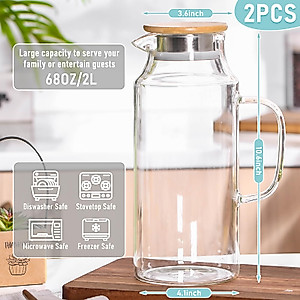 2 Pcs Glass Pitcher Water Pitcher with Lid Hot Cold Water Pitcher Bedside Water Carafe with Handle Heat Resistant Borosilicate Glass Jug for Fridge Beverage Carafe (68 oz,Stainless Steel, Bamboo)