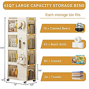 4 Tier Collapsible Storage Bins with Lids,61QT/15.3GAL Plastic Foldable Storage Containers Box,Stackable Closet Organizers and Storage,for Bedroom Study Toy Room Office,Dorm Room,Cream White