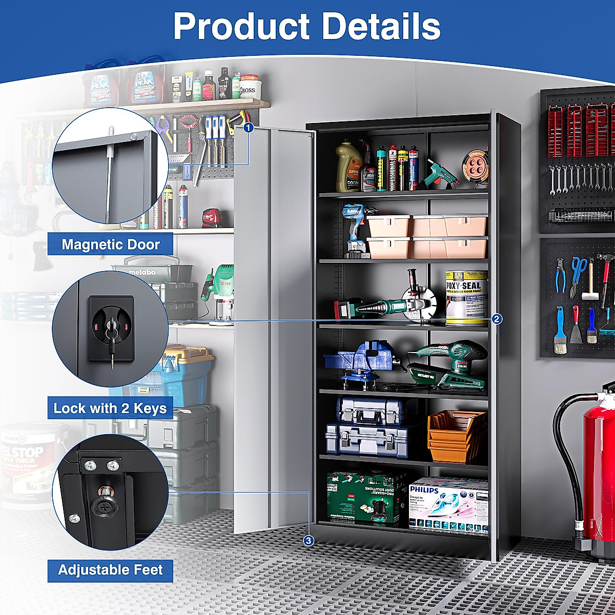 BYNSOE Garage Storage Cabinet with 5 Adjustable Shelves Metal Storage Cabinets with Locking Door, Steel Classic Storage Cabinet for Home, School, Office, Garage (Black Gray-Style 1)