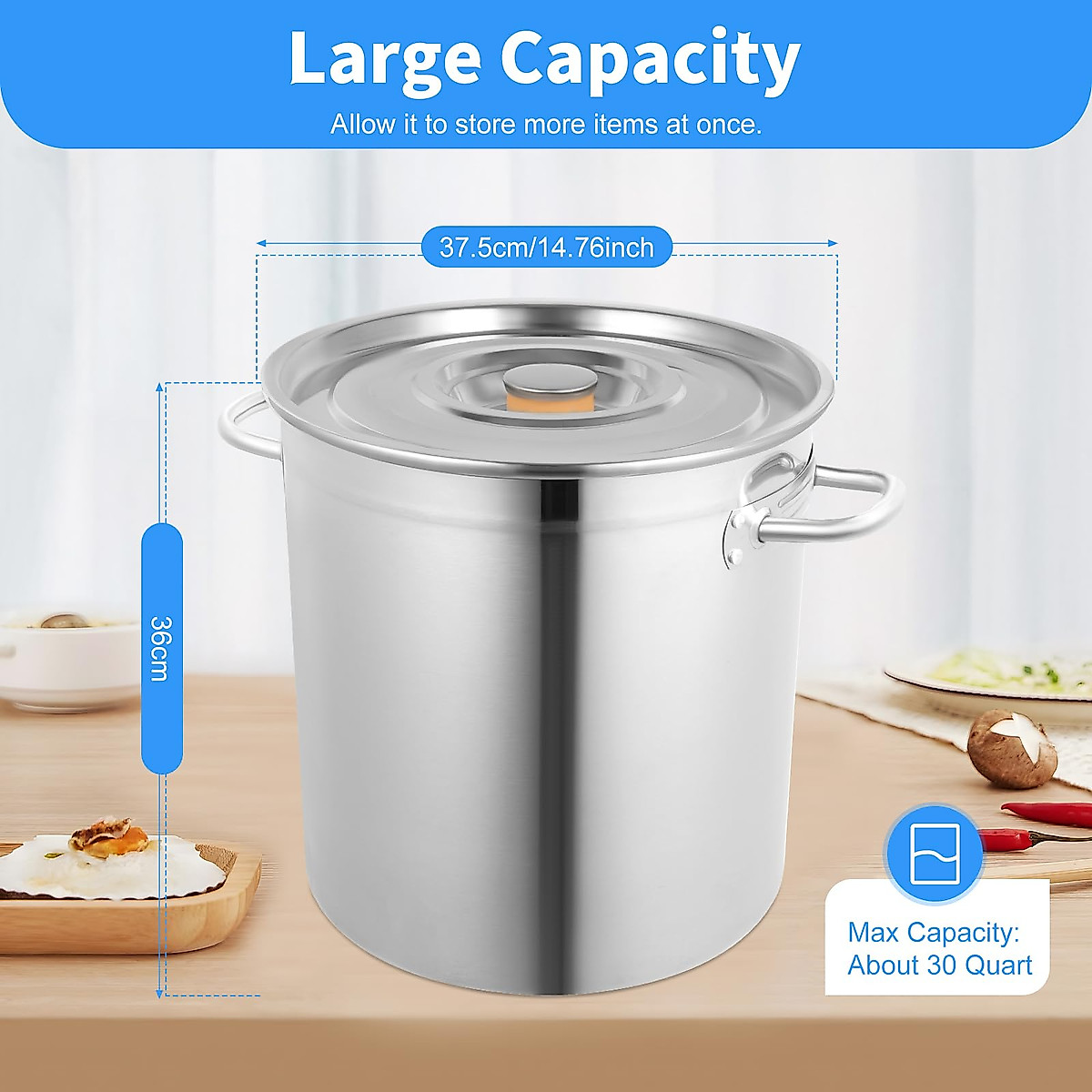 30 Quart 35L Commercial Grade Stockpot 201 Stainless Steel Stockpot Heavy-Duty Canning Pot Soup Pot Induction Pot with Lid and Riveted Handles for Soup Seafood Stock Canning Silver