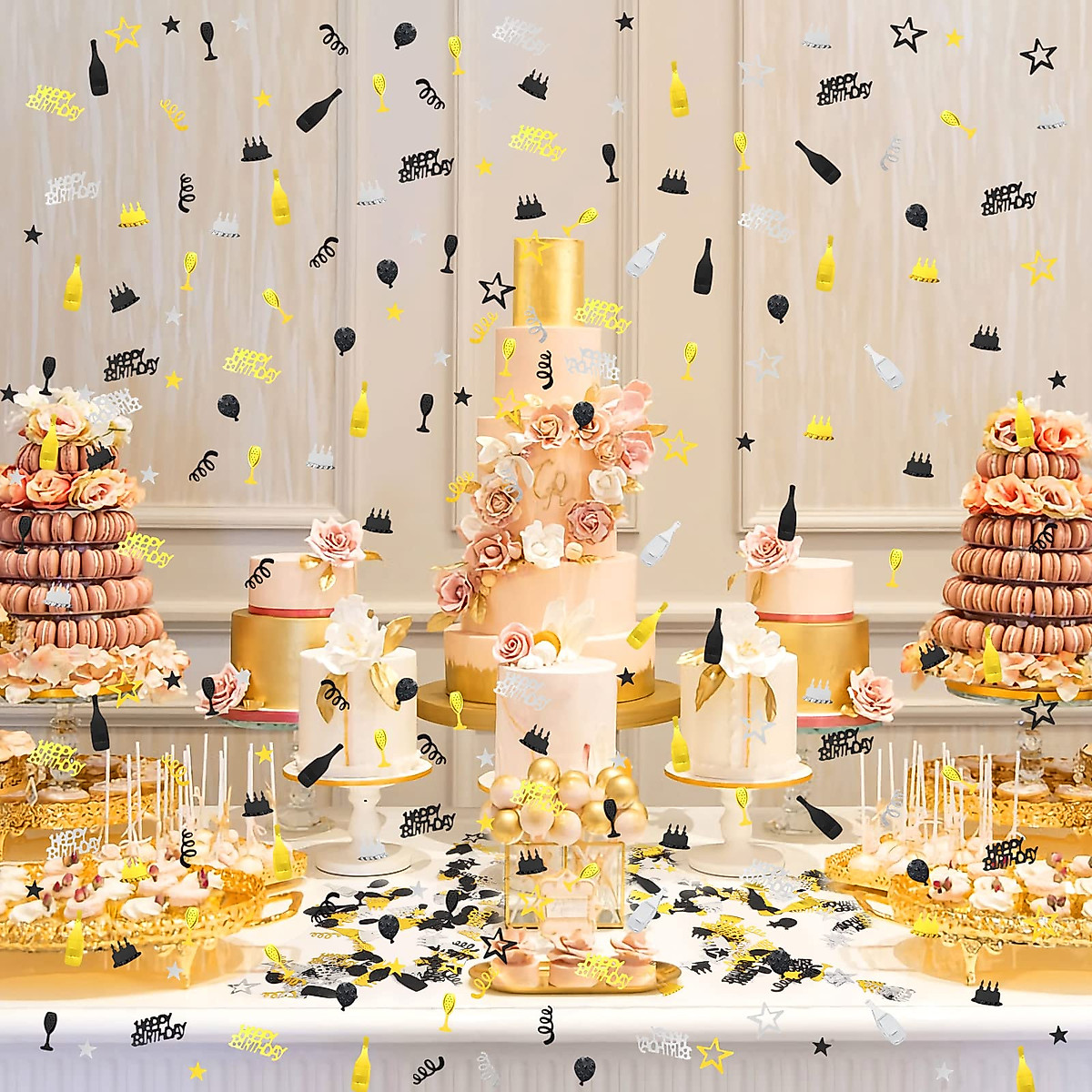 3000 PCS Black Gold Silver Happy Birthday Confetti Metallic Foil Stars Birthday Cake Balloon Confetti Table Scatter Confetti Decoration for Birthday Party Anniversary Baby Shower DIY Arts and Crafting