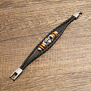 Anime One Piece Leather Bracelets, Pirate Bracelet Punk Skull Bracelets for Boys Black Braided Bracelets for Men Handmade Jewelry Wristband Strand Bracelets Halloween Gifts