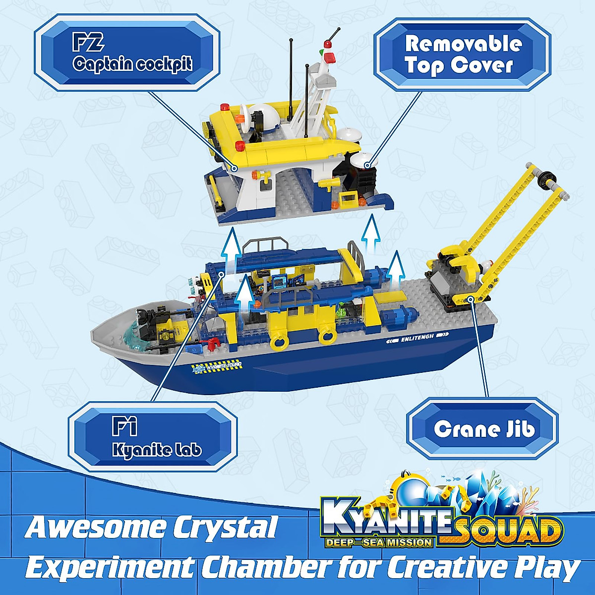 WishaLife City Ocean Exploration Ship Building Toy Set, W/Submarine, Helicopter, Shark, Octopus, Coral Reef, Fun Toy Gift for Kids Boys Girls 6+