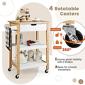 Giantex Kitchen Island Cart with Storage, Rolling Bamboo Kitchen Cart on Wheels, w/Pull-Out Drawer, Towel Handle, 2 Open Shelves, Mobile Coffee Bar Cart for Dining Room Living Room (Wood & White)