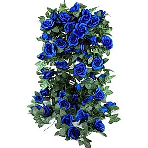 4 Pack (32FT) Artificial Rose Vine Fake Flowers Garland Hanging Silk Rose Ivy Plants Vine for Wedding Arch Party Garden Home Bedroom Office Wall Aesthetic Art Décor (Royal Blue)