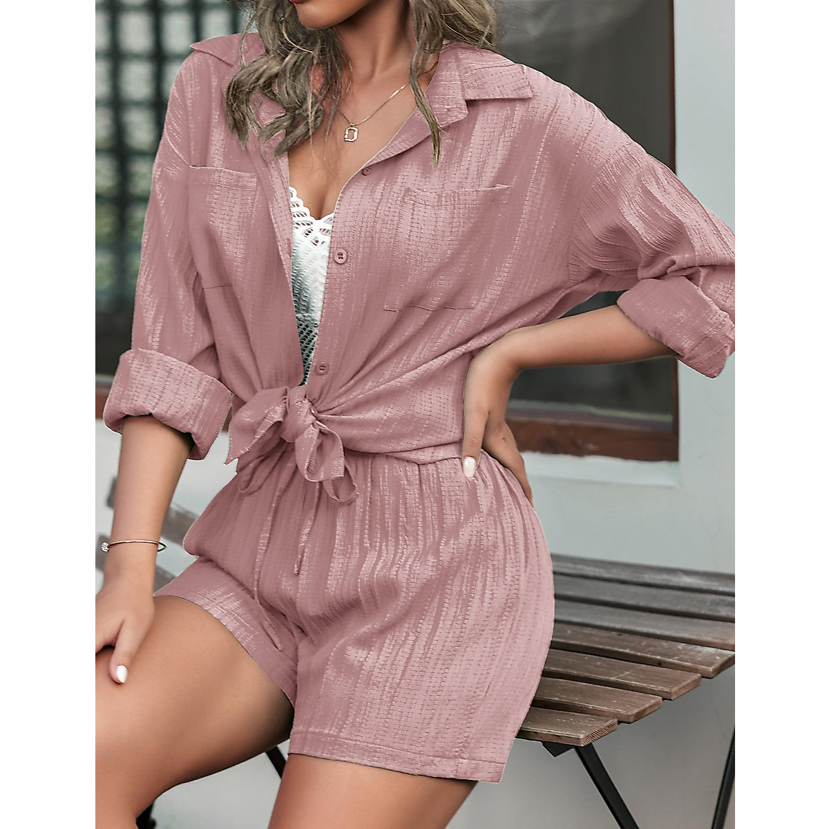 Ekouaer Women's V Neck Lounge Sets Button Down Shirt and Shorts 2 Piece Outfits Loungewear Pajama with Pockets Dusty Rose