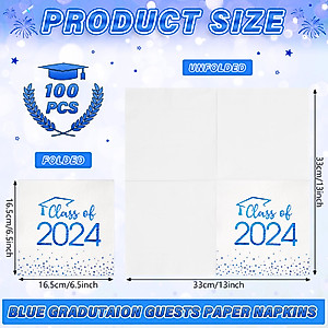 100Pcs Class of 2024 Graduation Napkins, Disposable Congrats Grad Paper Cocktail Napkins Square Foil Dot Hand Towels for 2024 School University College Graduation Party Decorations（Blue）